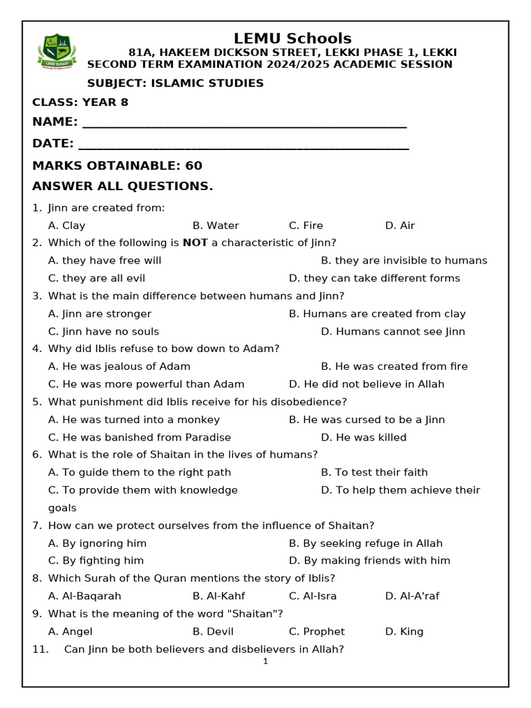 Year 8 Exam IRS T2 2024 25 | PDF | Prophets And Messengers In Islam ...