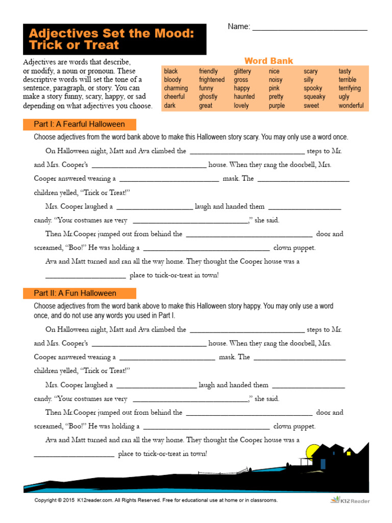 Adjectives Set The Mood Trick or Treat | PDF | Trick Or Treating | Halloween