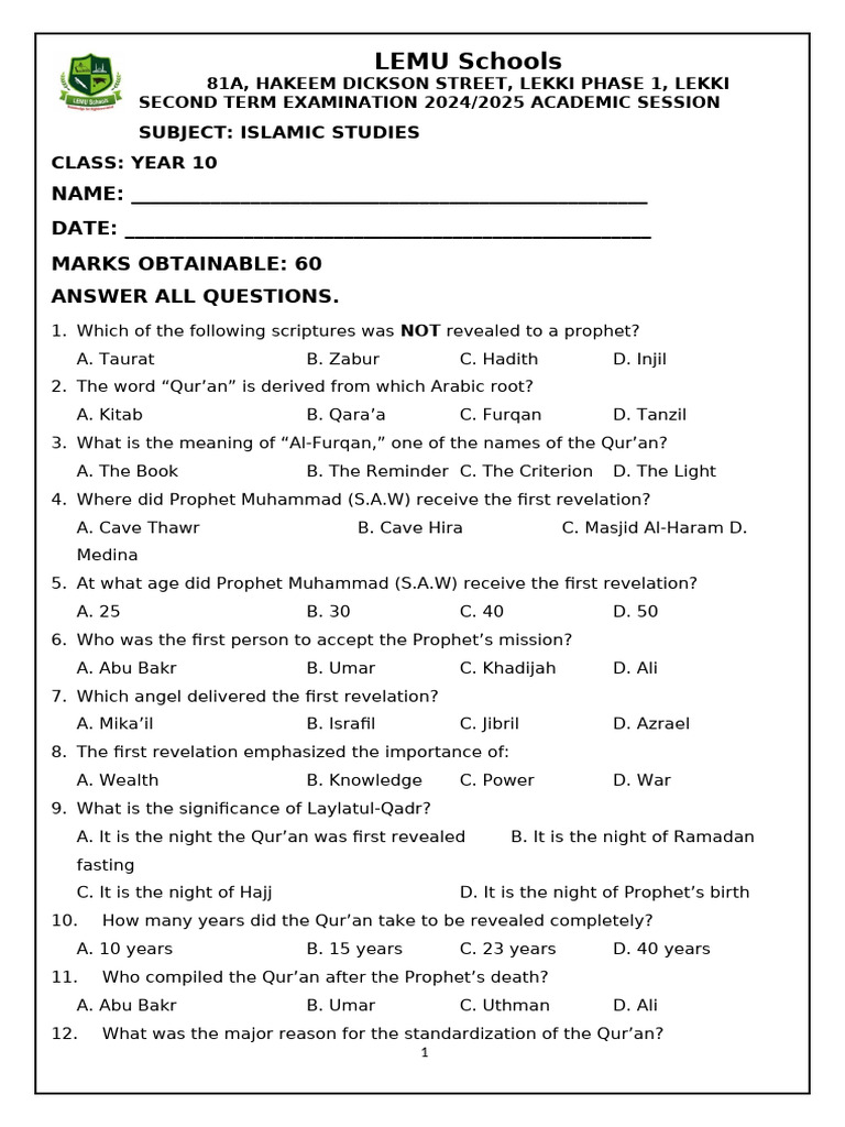 Year 10 Islamic Studies Exam 2024/2025 | PDF | Quran | Islam