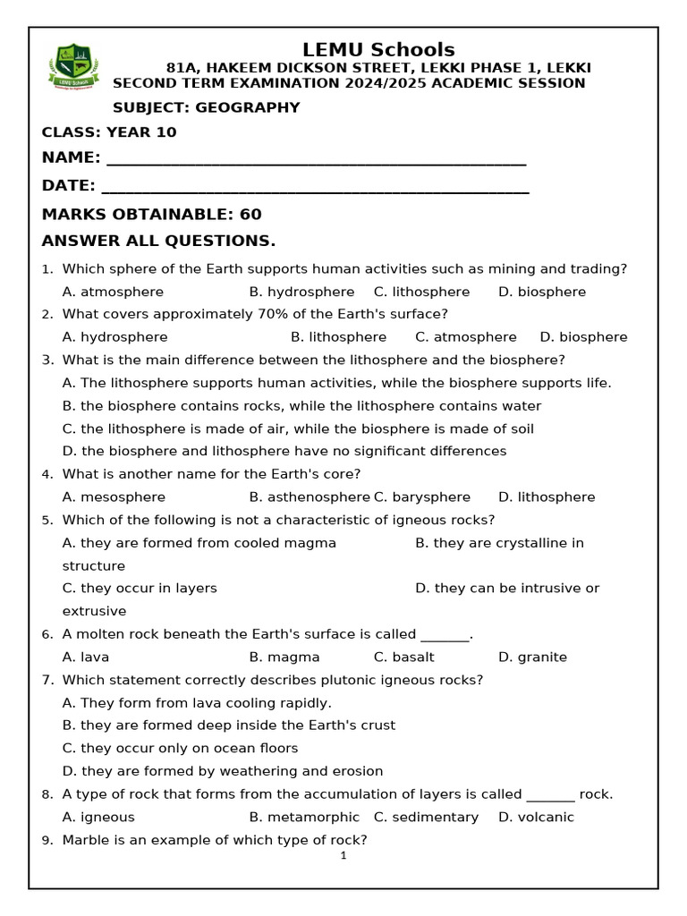 Year 10 Exam Geo T2 2024 25 | PDF | Precipitation | Atmosphere Of Earth