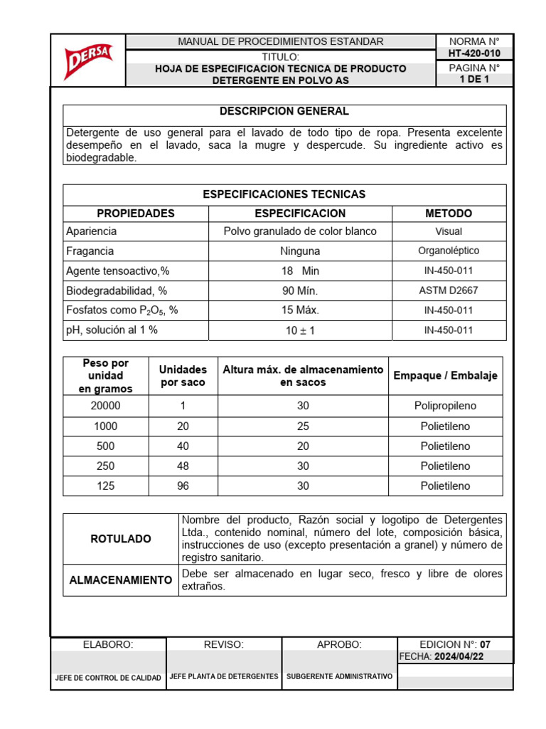 13. FICHA TECNICA JABON AS DERSA | PDF | Detergente