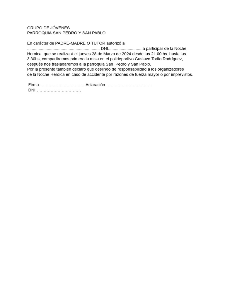 Autorización para Noche Heroica 2024 | PDF