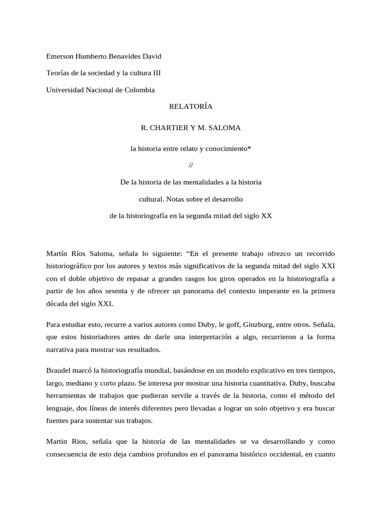 Relatoria Roger Chartier y Martin Rios Saloma | PDF | Historiografía ...