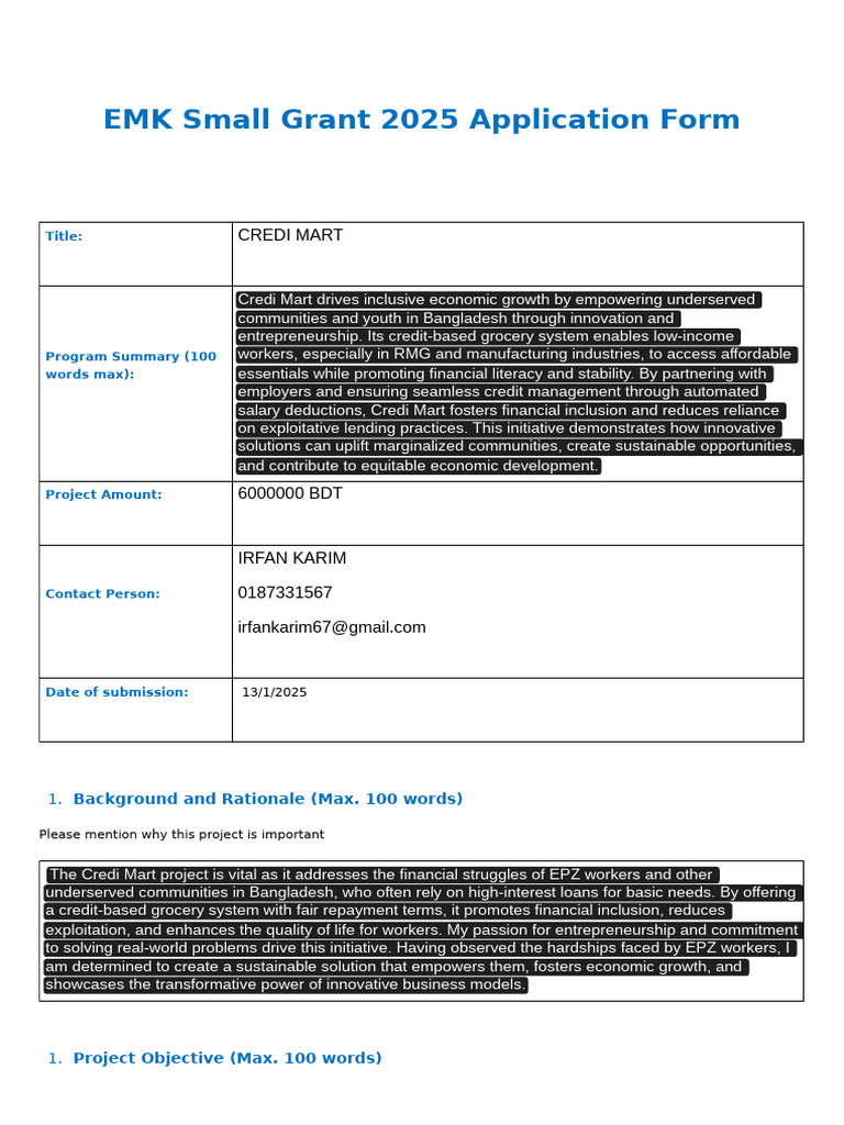 Credi Mart 2025 Grant Application Form | PDF | Financial Inclusion ...