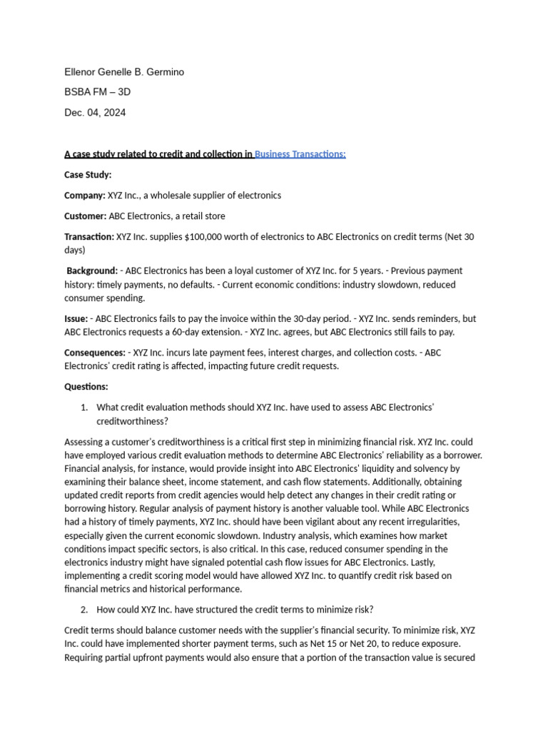 Case Study Credit and Collection in Business Transactions | PDF ...