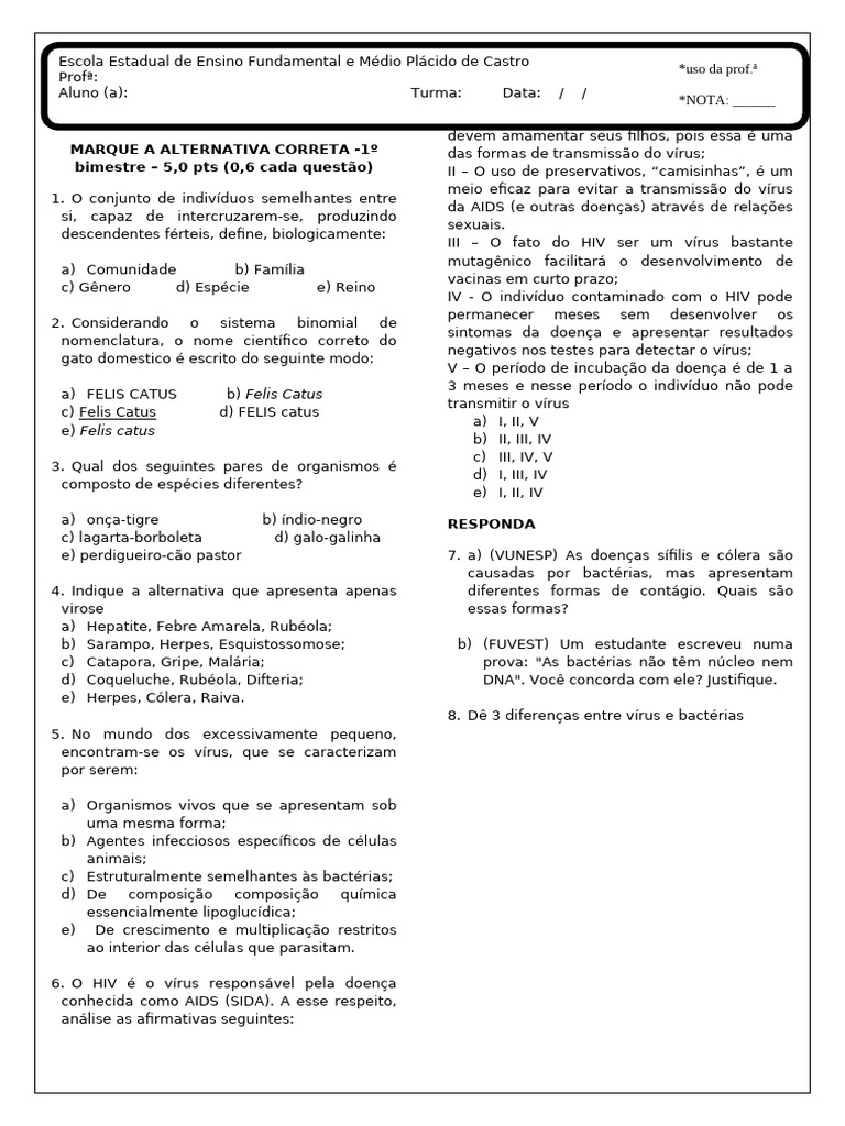 Prova 1º Bimestre 2º Ano Ensino Medio | PDF | Vírus | HIV/AIDS