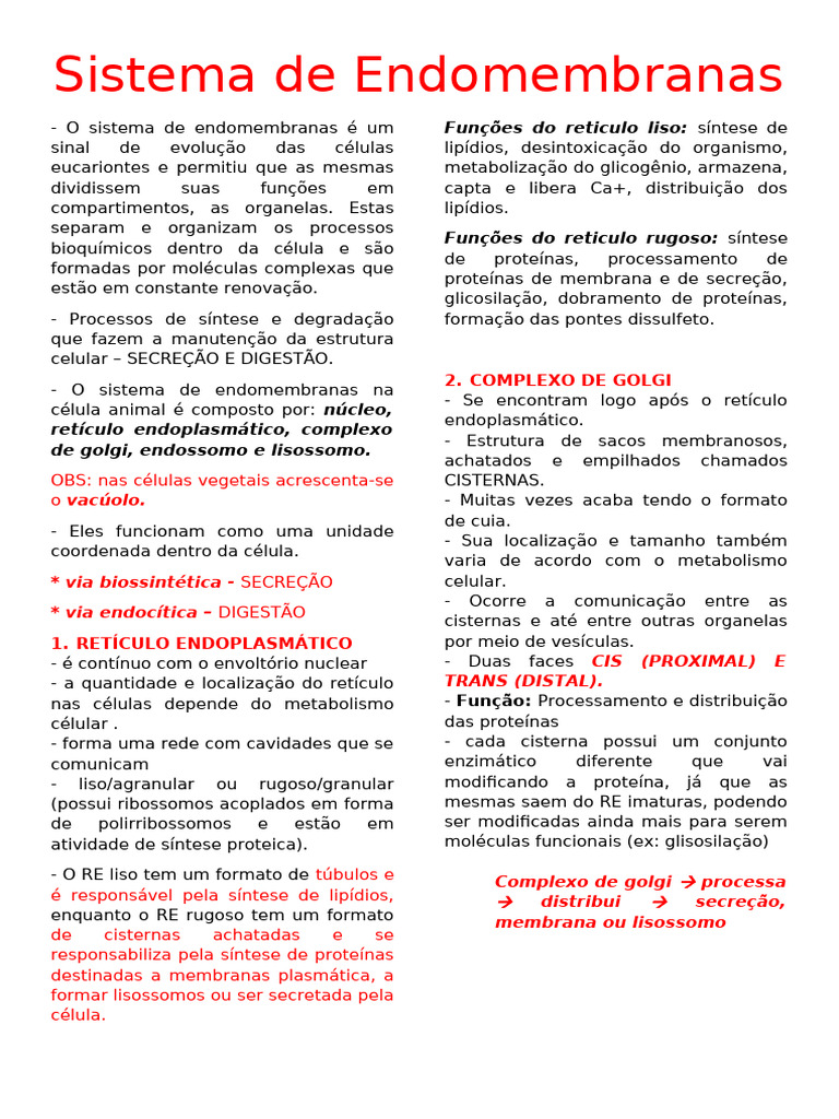 Sistema de Endomembranas - Aula 10 Biocel | PDF | Vesícula (Biologia e Química) | Célula (Biologia)