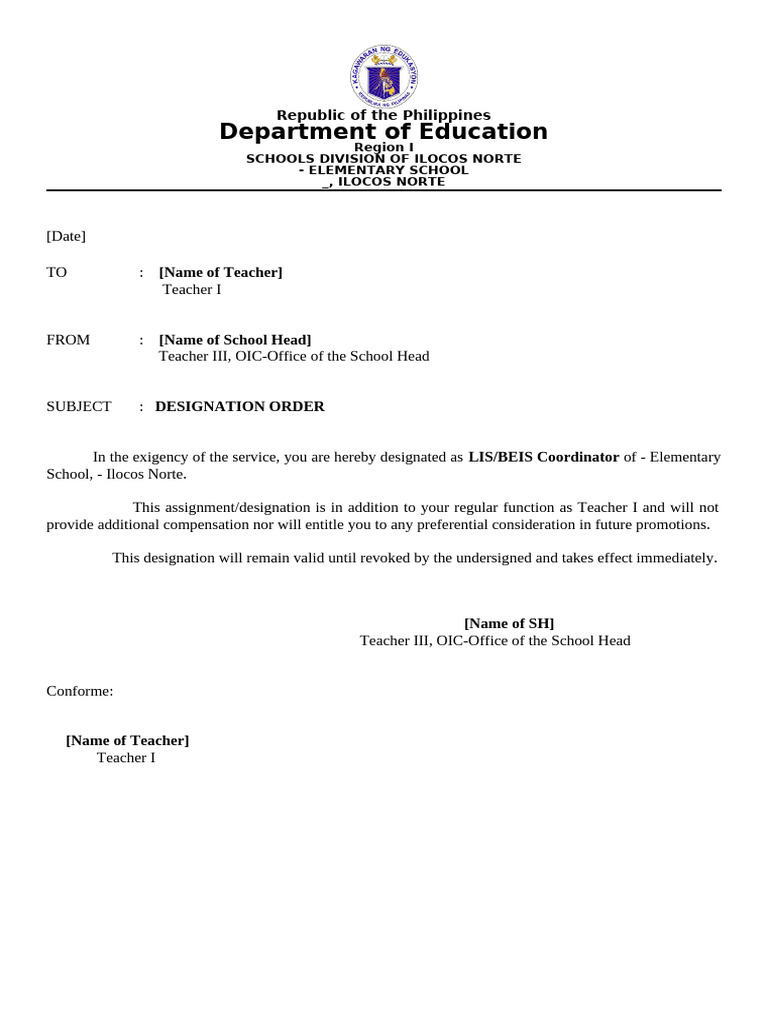 Teacher's Designation and Coordinatorship Template | PDF