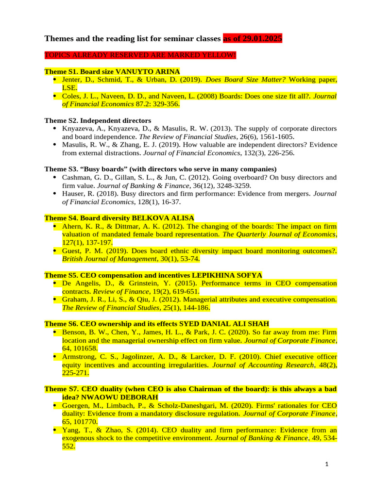 Themes and The Reading List For Seminar Classes 29012025 | PDF ...