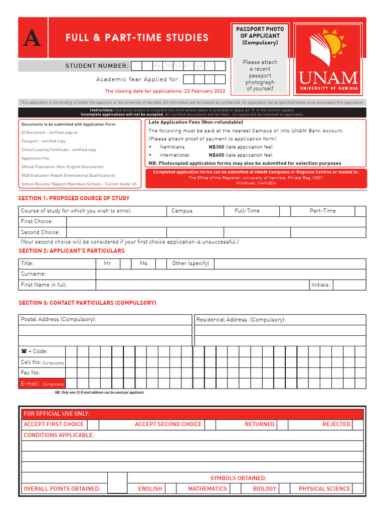 UNAM Application Form 2026 PDF | PDF | Namibia | Identity Document