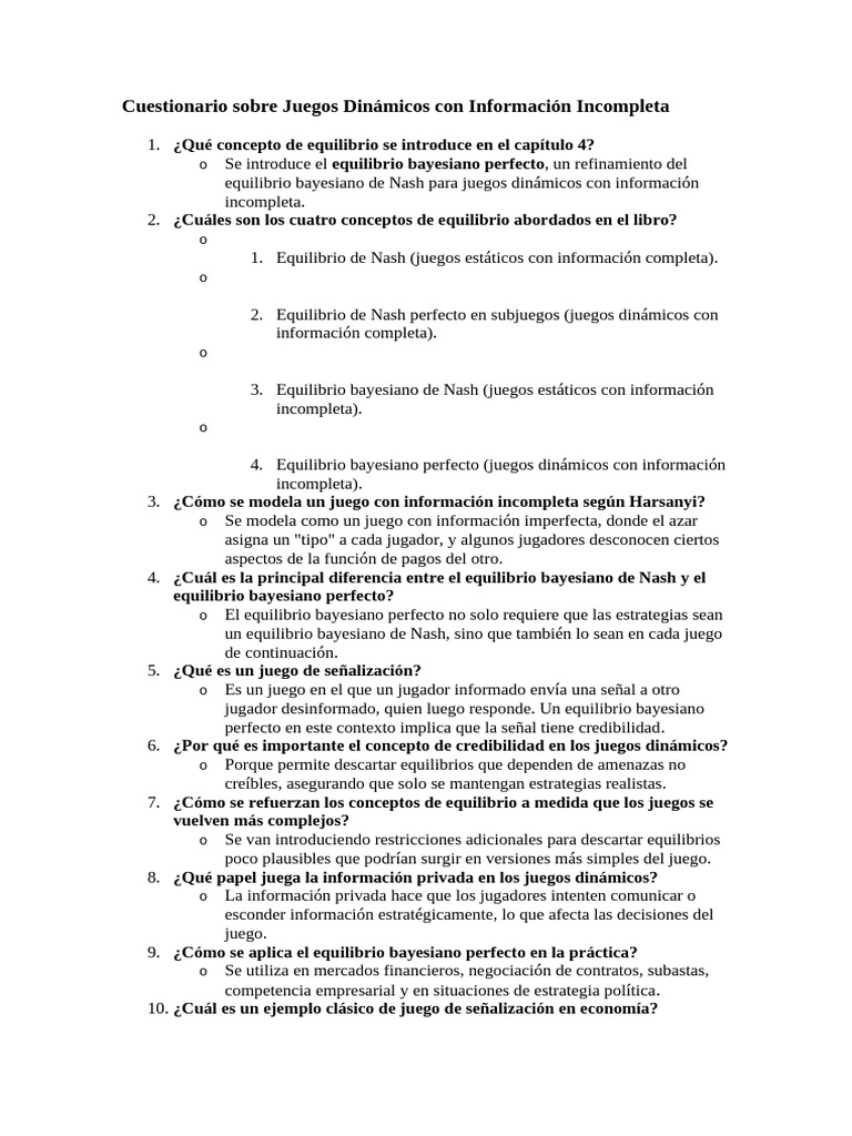 Cuestionario sobre Juegos Dinámicos con Información Incompleta | PDF ...