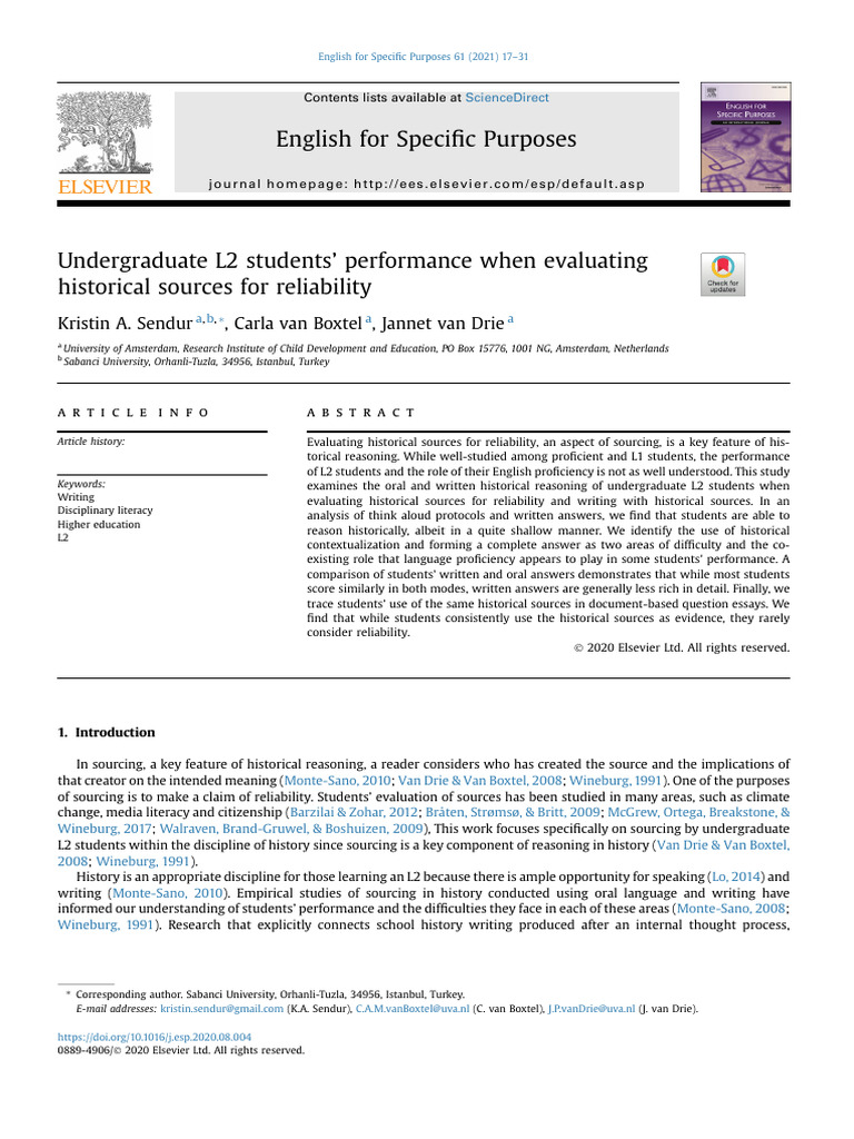 Undergraduate L2 Students' Performance When Evaluating Historical Sources For Reliability | PDF ...