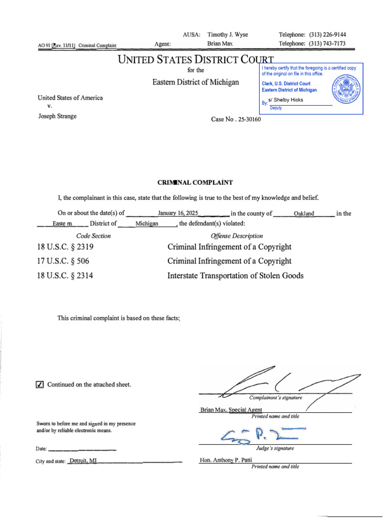 Complaint Against Joseph Strange For Allegedly Stealing Unreleased ...