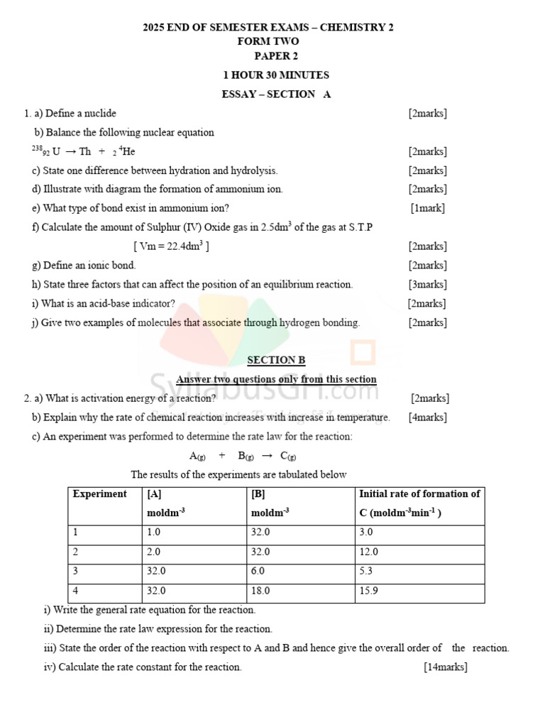 Chemistry Exam Paper 2025 Form Two | PDF | Chemical Reactions ...