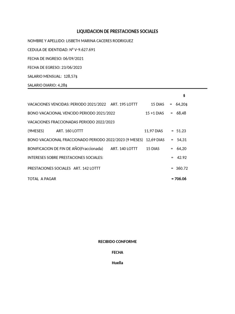 Liquidacion de Prestaciones Sociales | PDF