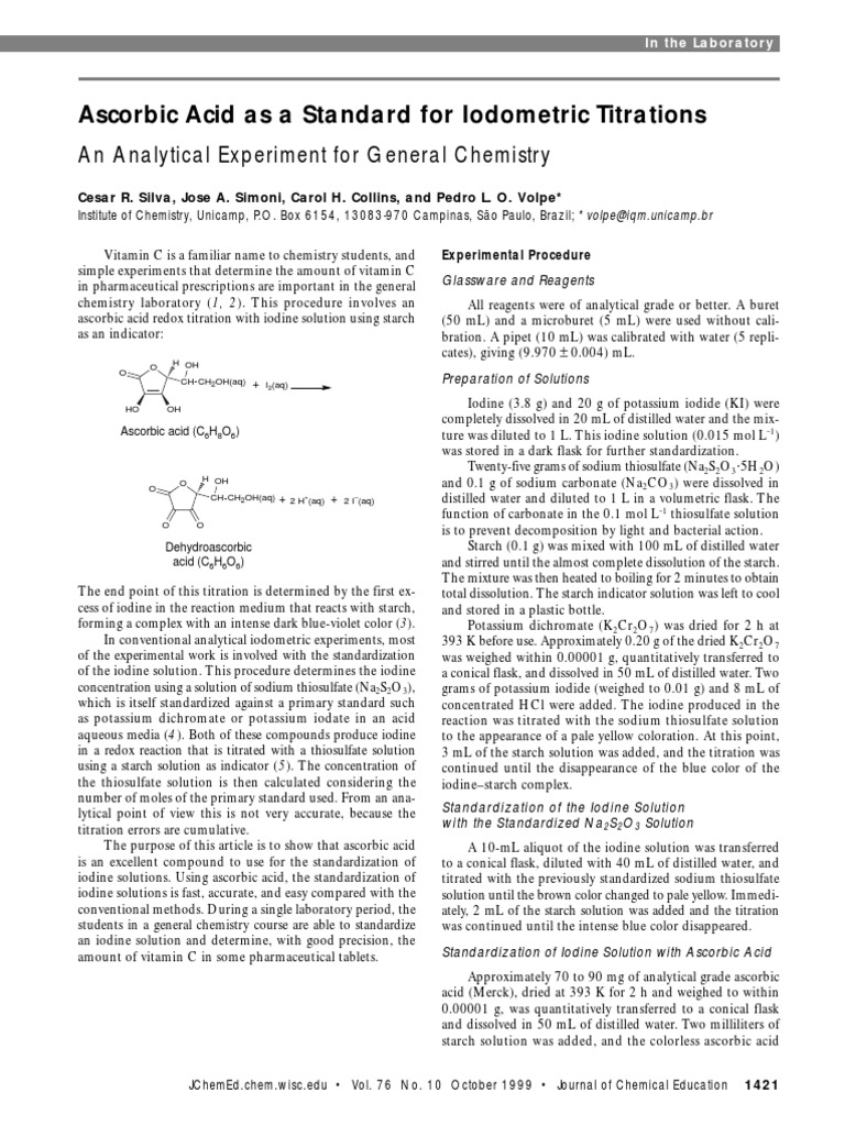 Ascorbic Acid Iodometric Titration | PDF | Titration | Chemistry