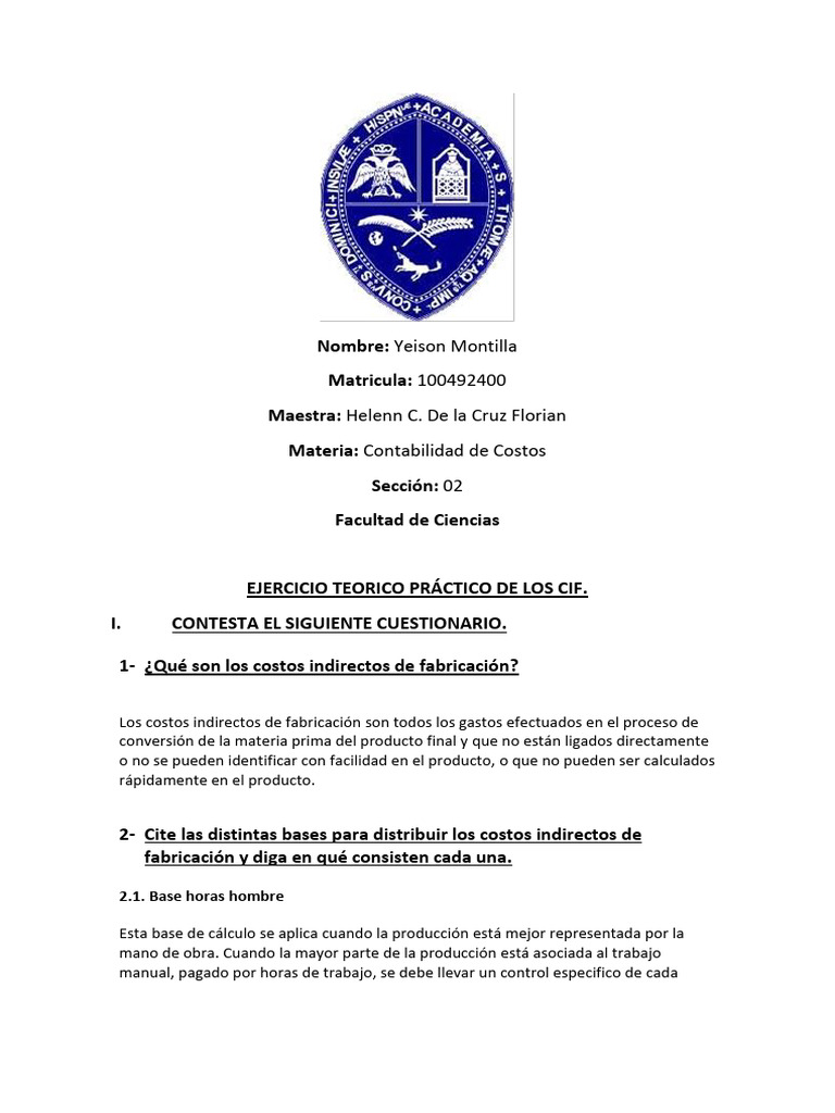 Ejercicio Teorico Práctico de Los Cif, Costos I, Unidad v. Yeison Montilla | PDF | Costo | Business