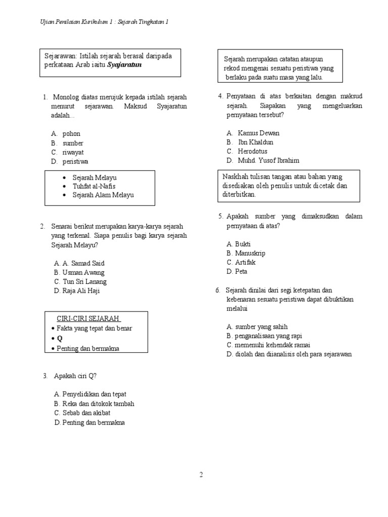 Ujian Sejarah Tingkatan 1: Soalan dan Sumber | PDF