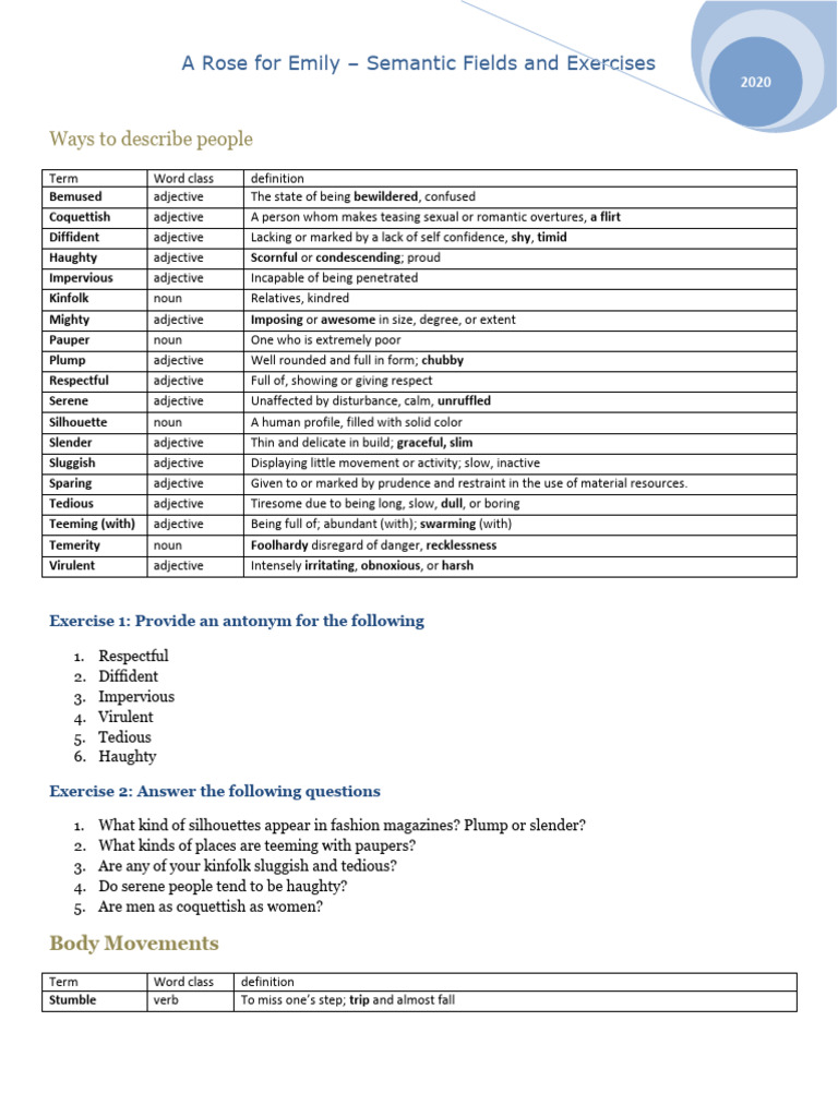 A Rose For Emily - Semantic Fields and Exercises | PDF | Adjective ...