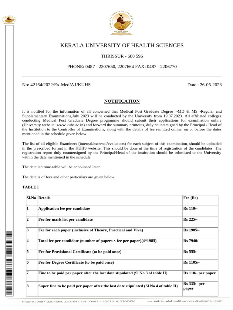 KUHS MD & MS Exam Notification 2023 | PDF