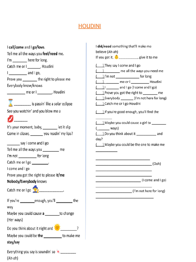 Houdini Wordsheet | PDF