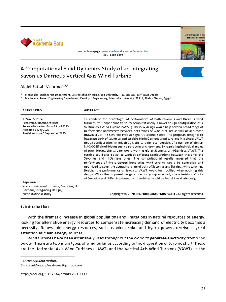 A Computational Fluid Dynamics Study of An Integrating Savonius-Darrieus Vertical Axis Wind ...