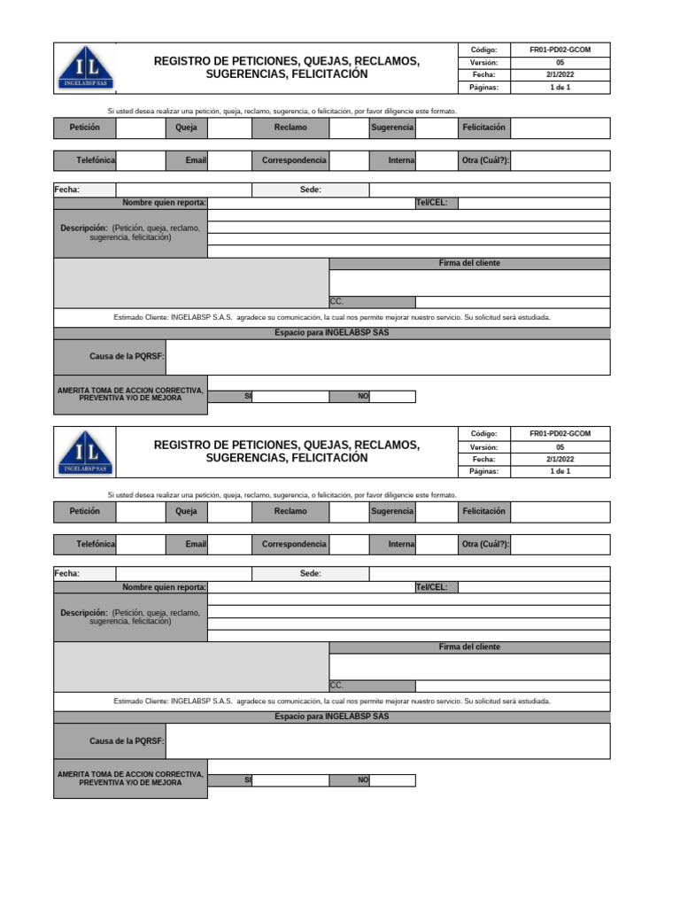 FR01-PD02-GCOM Registro de PQRSF - v03 | PDF
