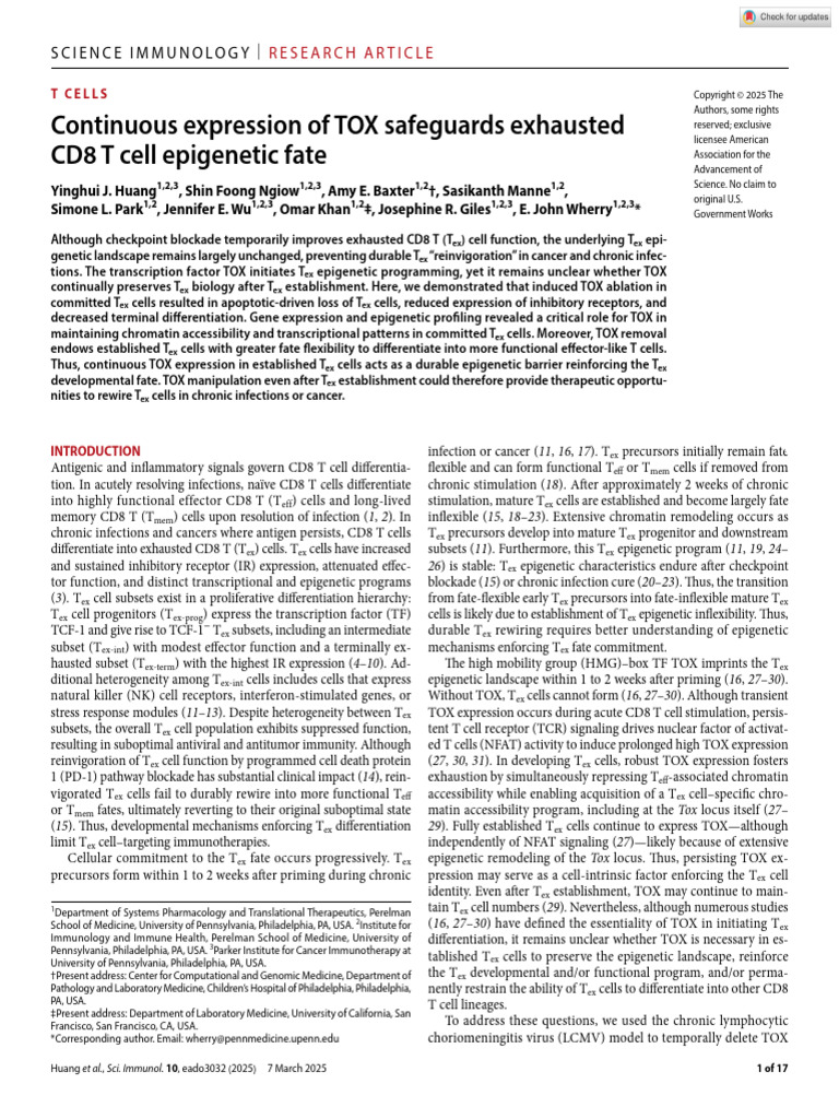 Continuous Expression of TOX Safeguards Exhausted CD8 T Cell Epigenetic ...