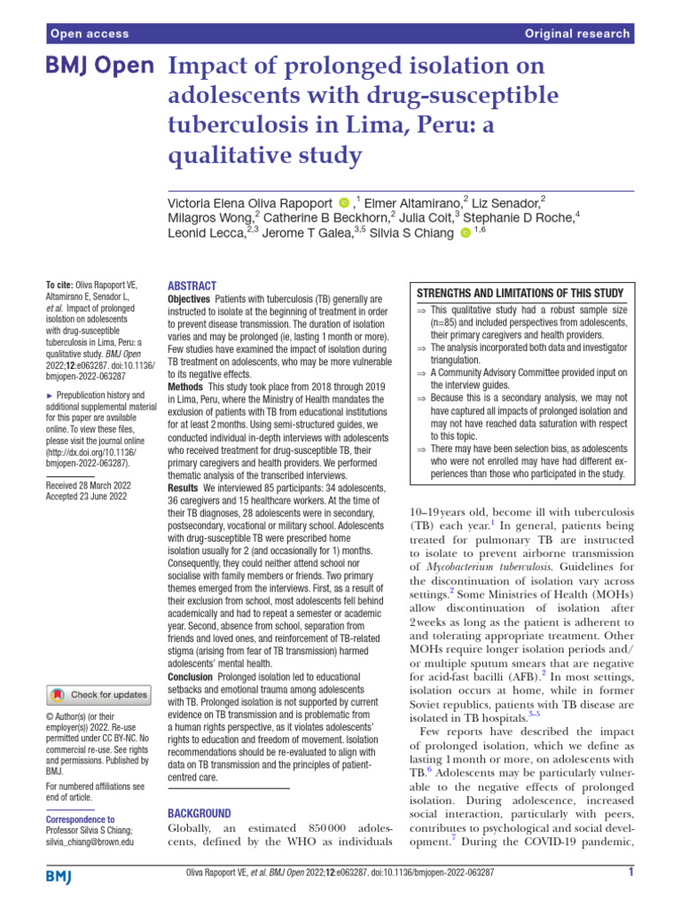 Impact of prolonged isolation_Adolescents_TB_2022 | PDF | Tuberculosis ...