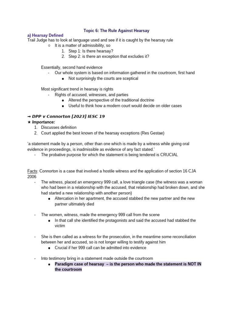 Topic 6 - The Rule Against Hearsay | PDF | Hearsay | Hearsay In United ...