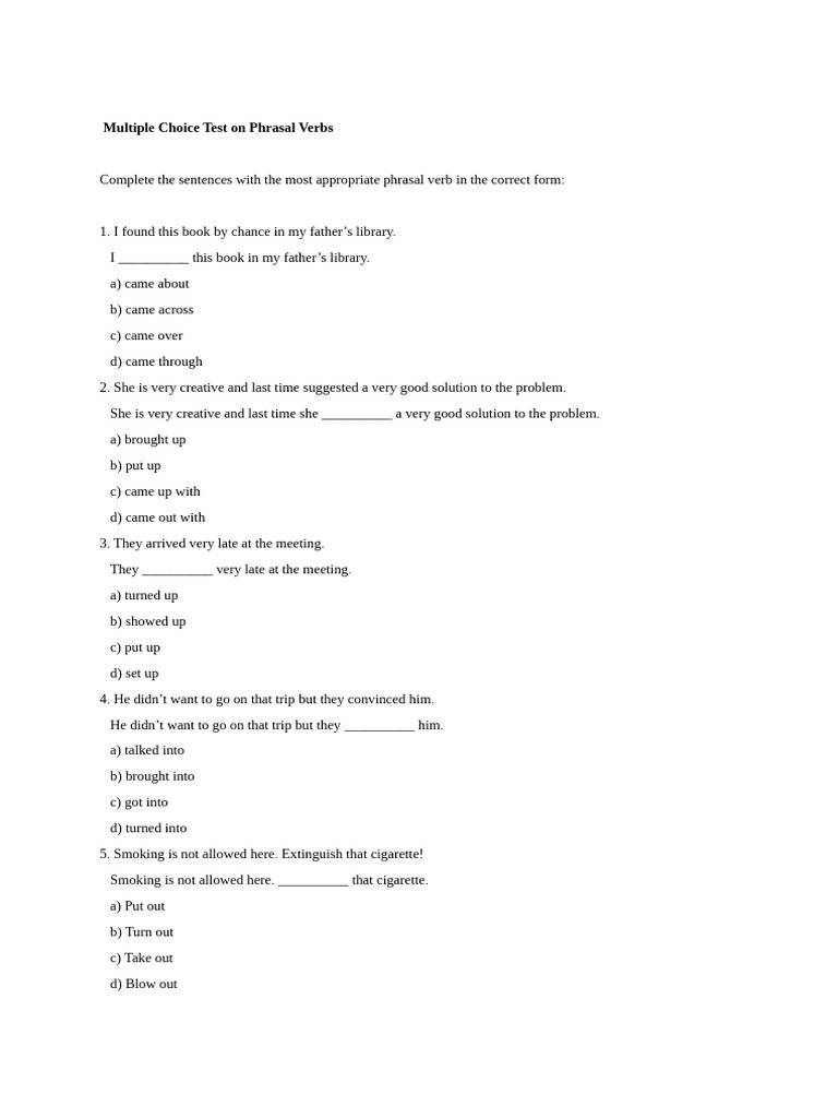 Multiple Choice Test On Phrasal Verbs | PDF