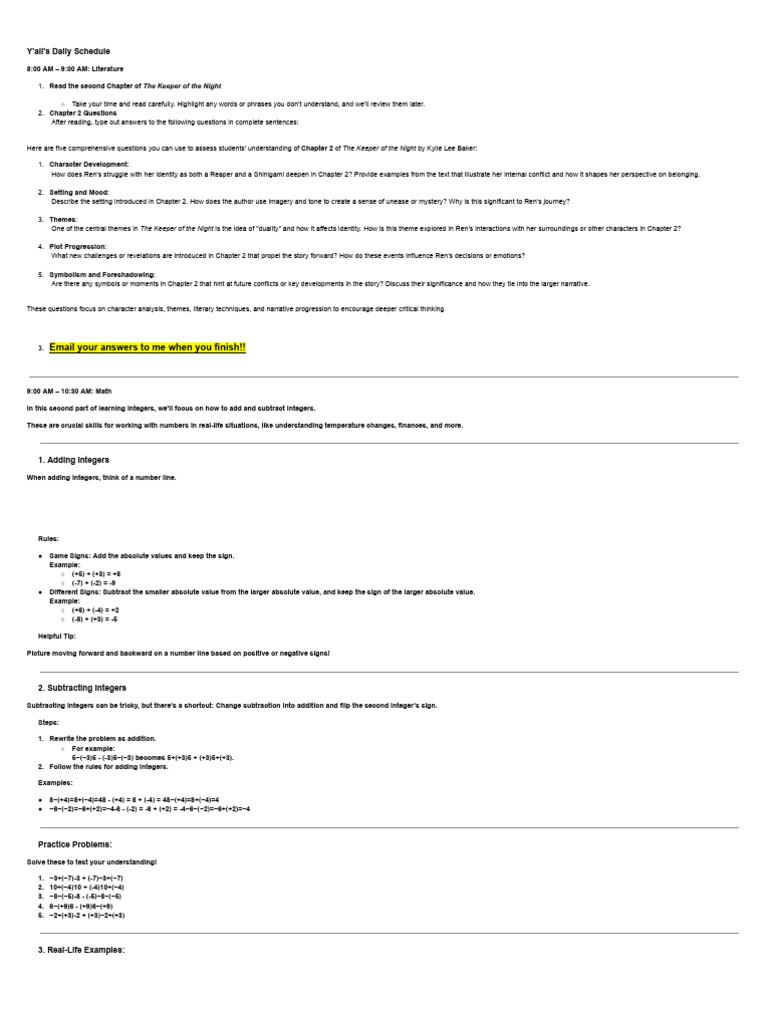 Daily Schedule: Literature, Math, Vocabulary | PDF | Narrative | Cognition