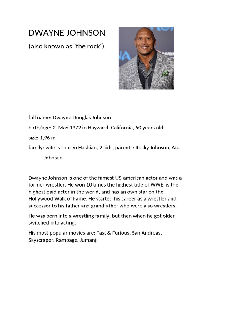 Dwayne Johnson: Actor and Wrestler Bio | PDF