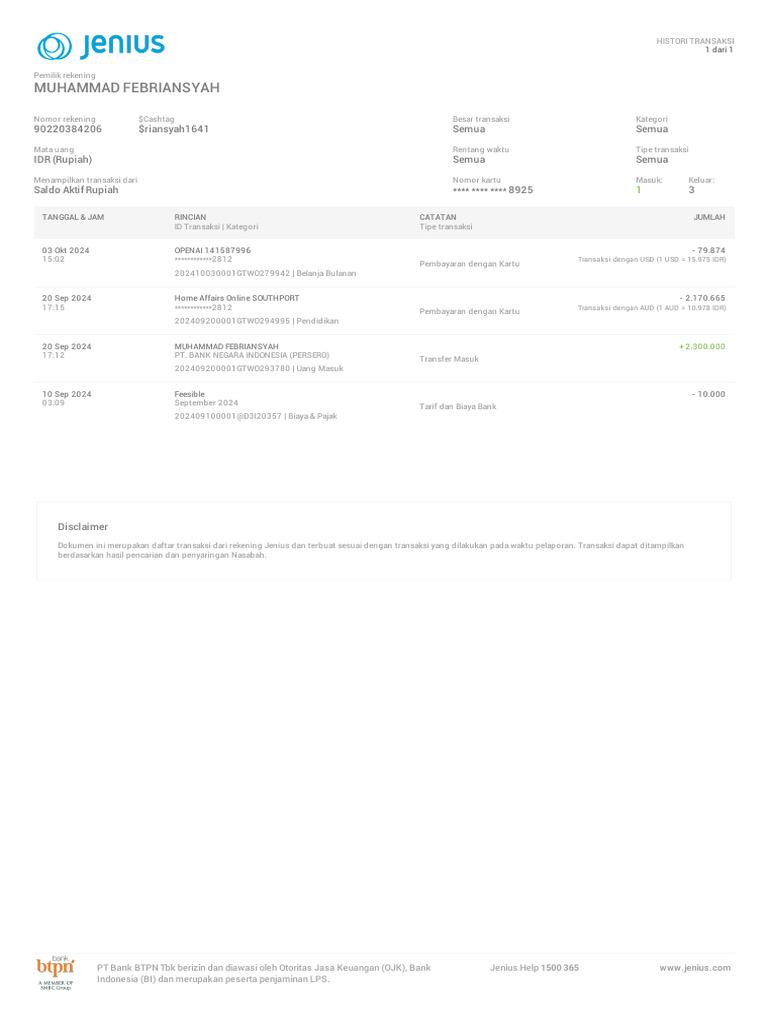 Rekap Transaksi Rekening Jenius | PDF