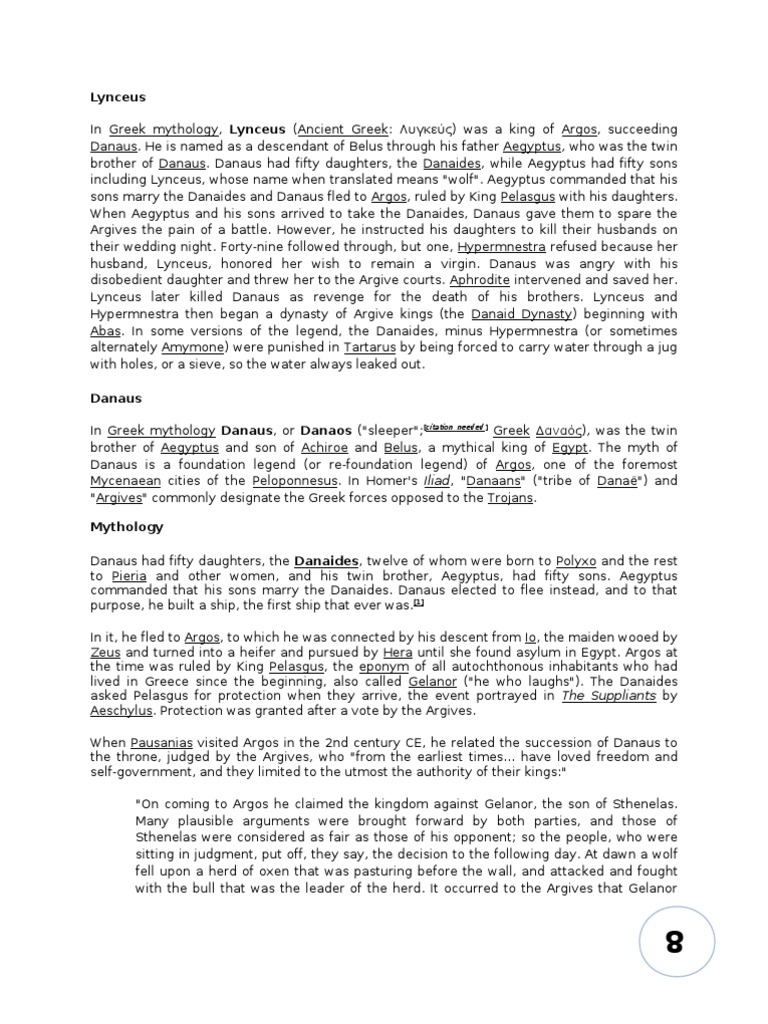 Greek Myth: Lynceus and Danaus | PDF | Unrest