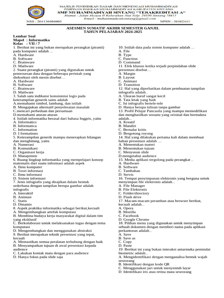 Asas Ganjil Informatika Kelas 7 2024 | PDF