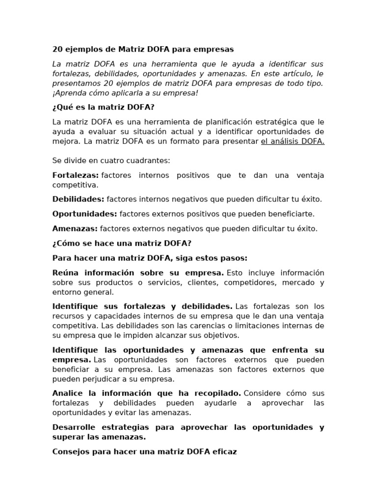 20 Ejemplos de Matriz DOFA para Empresas | PDF | Análisis FODA | Business