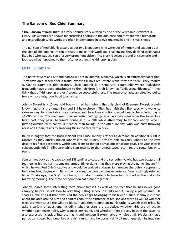 Summary of The Ransom of Red Chief | PDF | Kidnapping