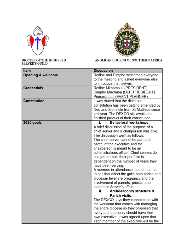 Highveld Anglican Servers Guild Meeting | PDF