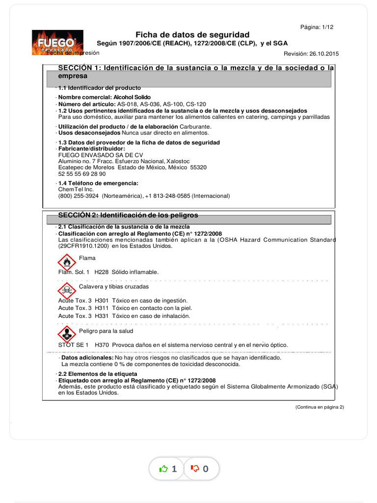 Ficha de Seguridad: Alcohol Sólido | PDF | Residuos | Agua