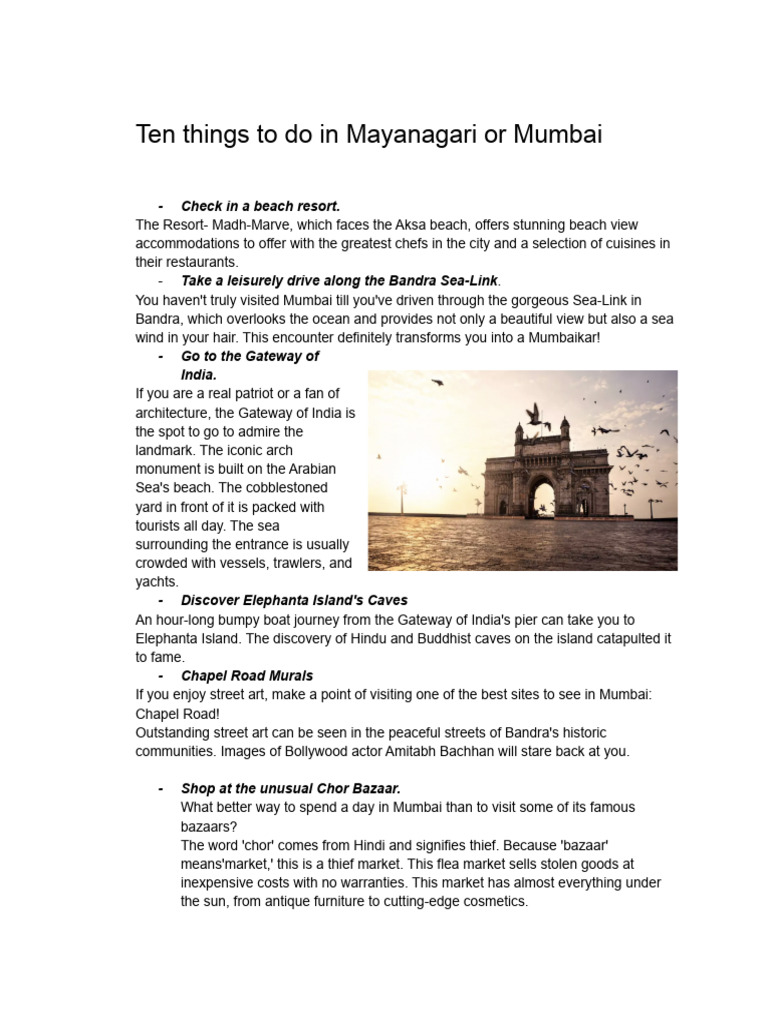 Ten Things To Do in Mayanagari or Mumbai | PDF | Mumbai