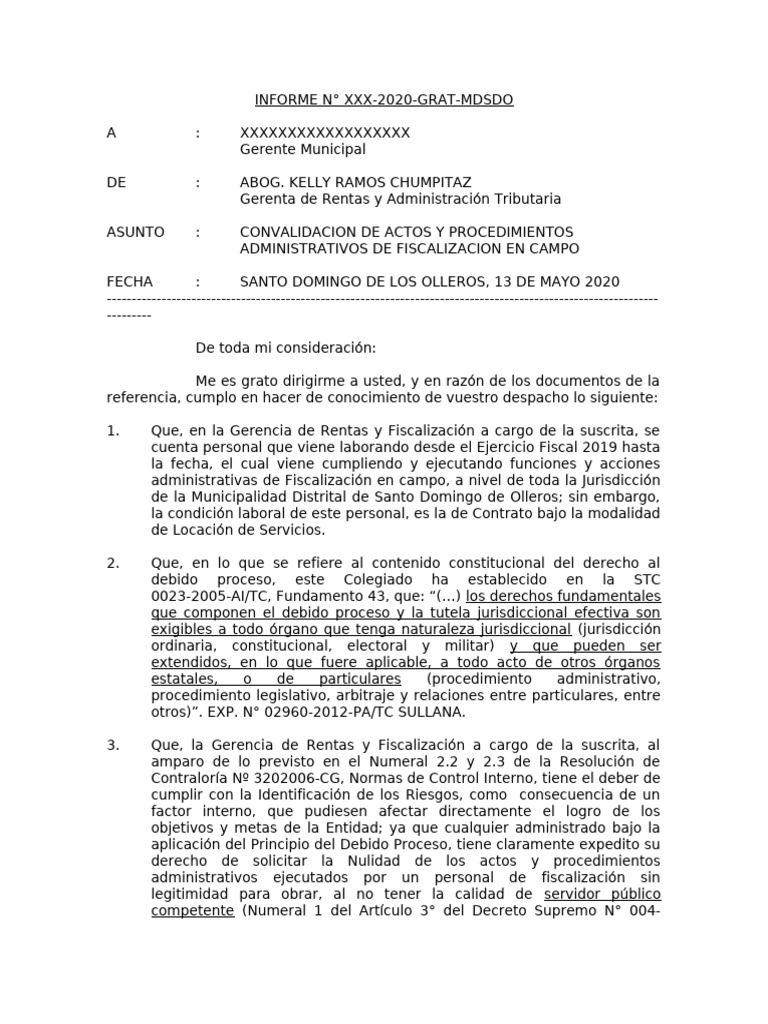 Informe - Convalidacion de Actos Del Personas de Fiscalizacion | PDF | Debido al proceso | Gobierno