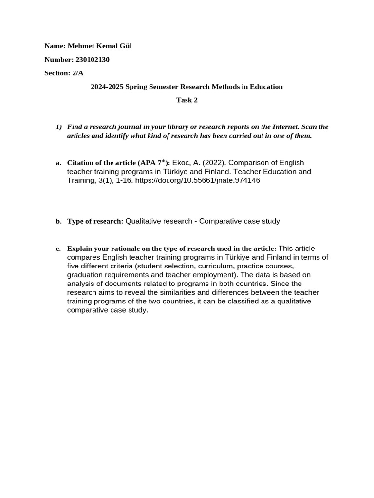 Research Methods in Education - Task 2 | PDF