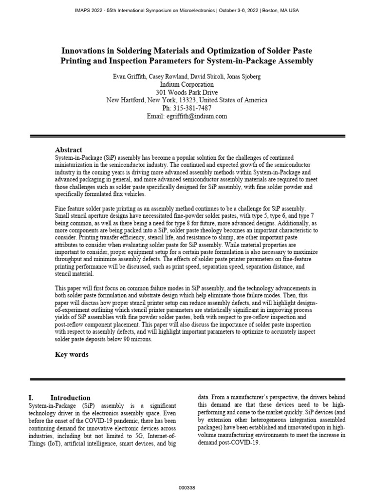Innovations in Soldering Materials and Optimization of Solder Paste Printing and Inspection ...
