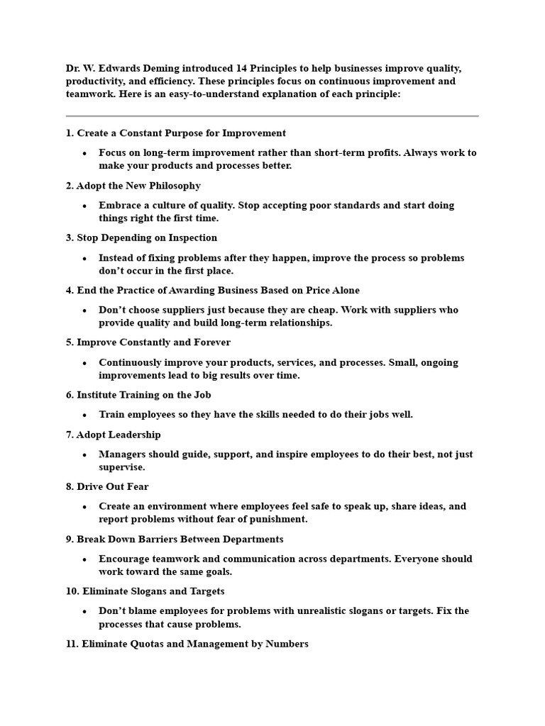 Deming's Fourteen Principles | PDF | Leadership | Social Psychology