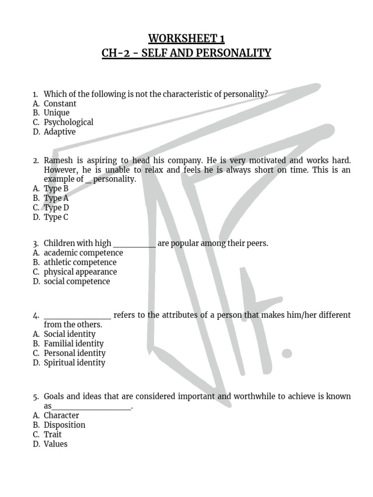 Worksheet 1 CH-2 Class 12 | PDF | Self-Management | Self Control