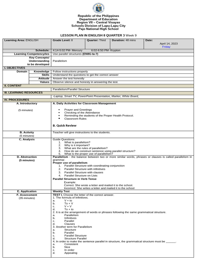 Lesson-Plan-04-14-23-W9 - PAGASIAN | PDF | English Language | Lesson Plan