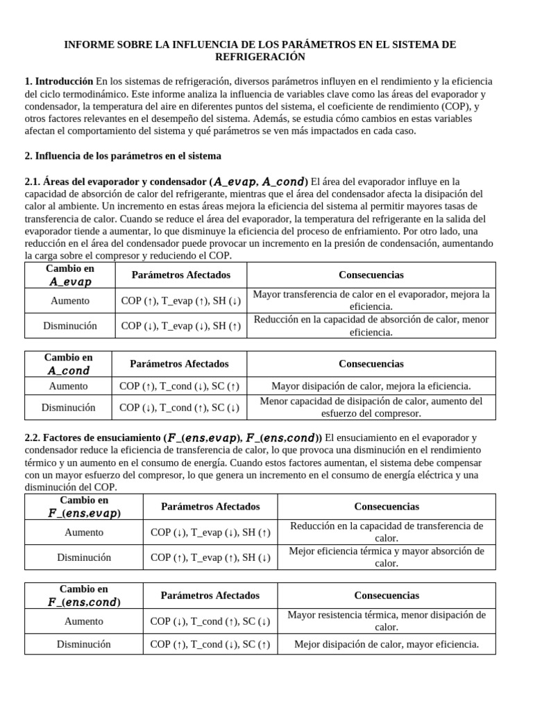 Informe Sobre La Influencia de Los Parámetros en El Sistema de Refrigeración | PDF ...