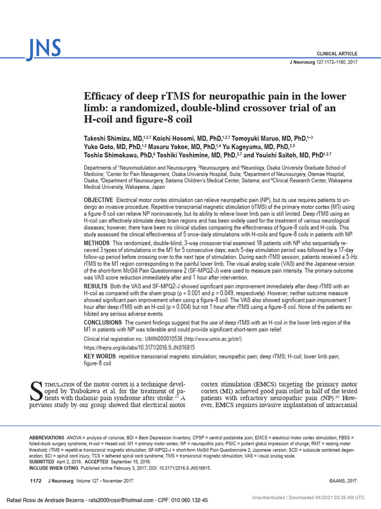 Efficacy of Deep RTMS for Neuropathic Pain_Shimizu Et Al. 2017 | PDF ...
