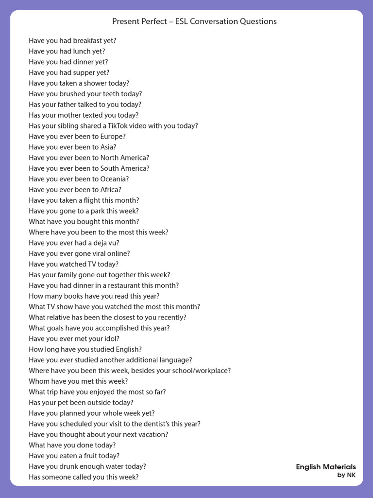 Present_Perfect_ESL_Conversation_Questions_EnglishMaterialsbyNK | PDF